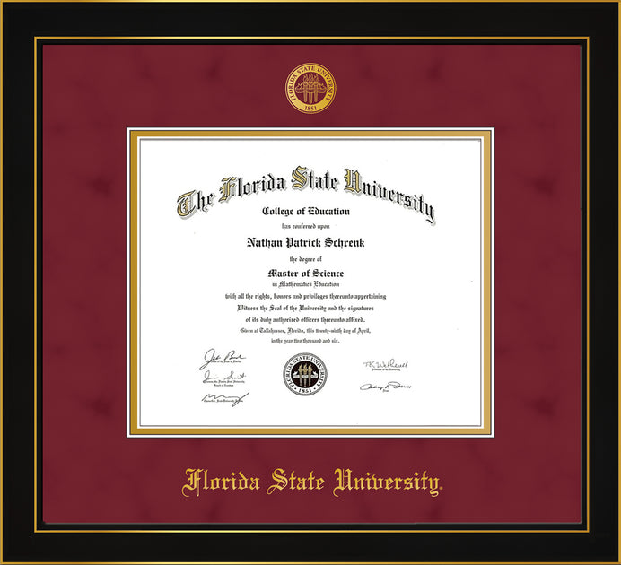 FSU Diploma Frame-Honors Black Satin-w/FSU Seal-Garnet Suede/Gold mat ...