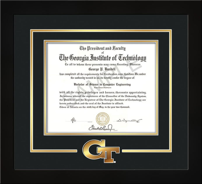 Georgia Tech Diploma Frame-Flat Matte Black-Logo Cutout-Black on Gold ...