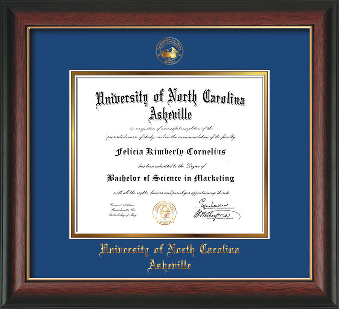 UNC Asheville U. Diploma Frame-Rose Gold Lip-w/UNCA Seal-Blue on Gold ...