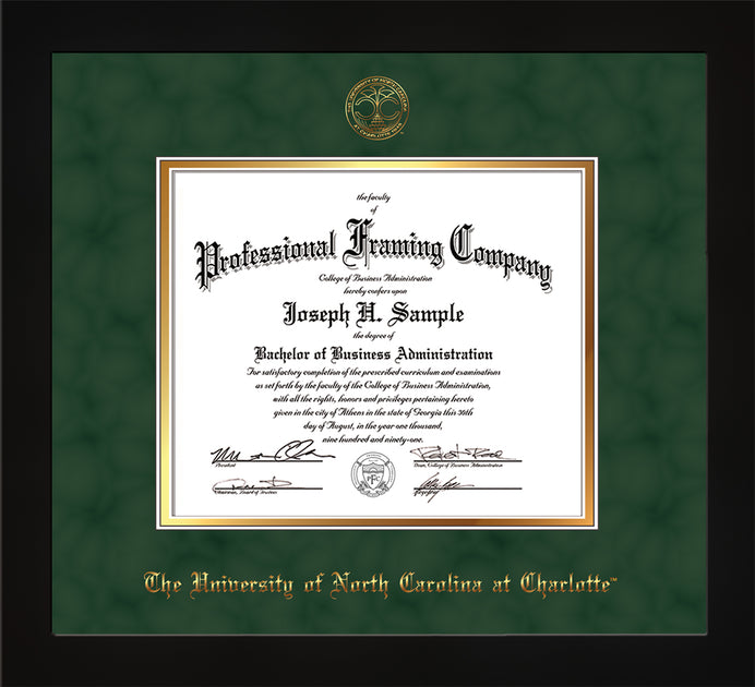 UNC Charlotte Diploma Frame-Flat Matte Black-w/UNCC seal Green Suede ...